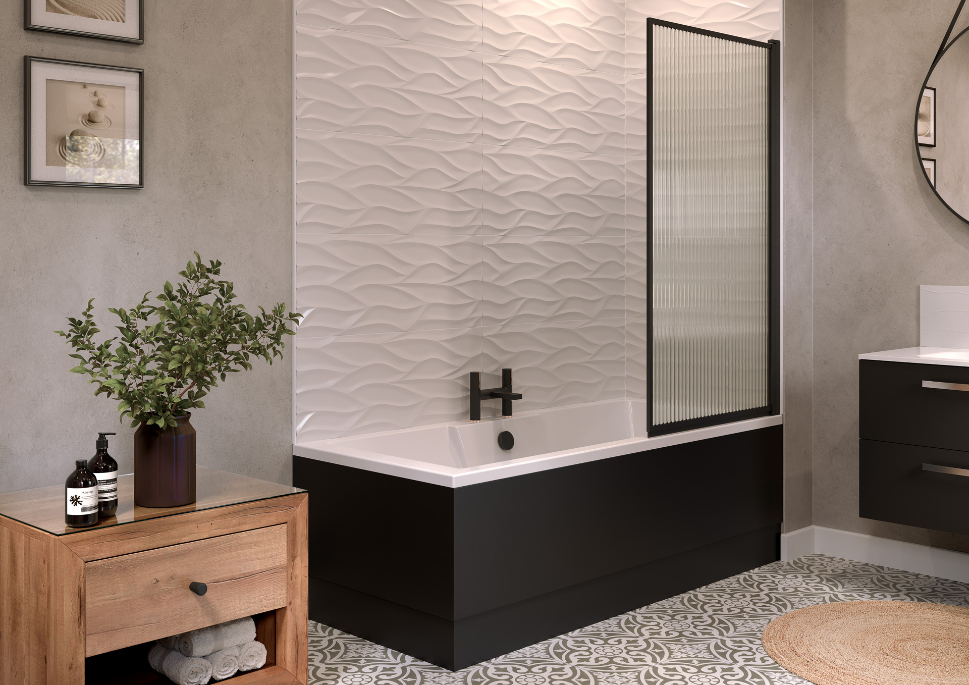 Velar Black Fluted Bath Screen - Frontline Bathrooms