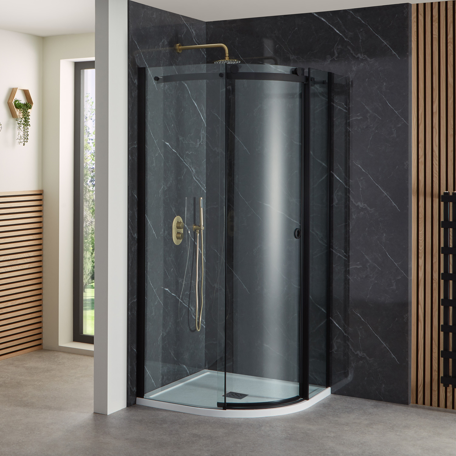 Aquaglass Sphere 1 Door Offset Quad - Matt Black - Frontline Bathrooms